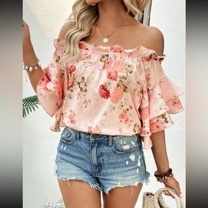Rebellious Rose | Tops | Floral Print Off Shoulder Ruffle Trim Flounce ...